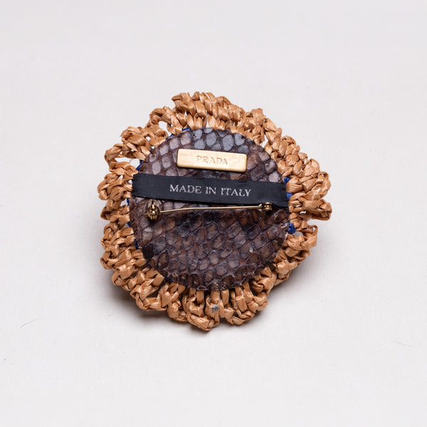 Vintage Prada Woven Raffia Flower Brooch - felt